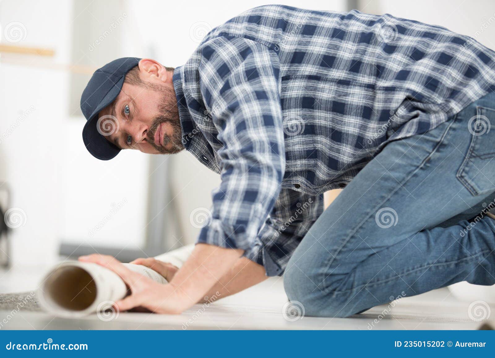 Man Posing Carpet Roll on Floor Stock Photo - Image of home, posing ...