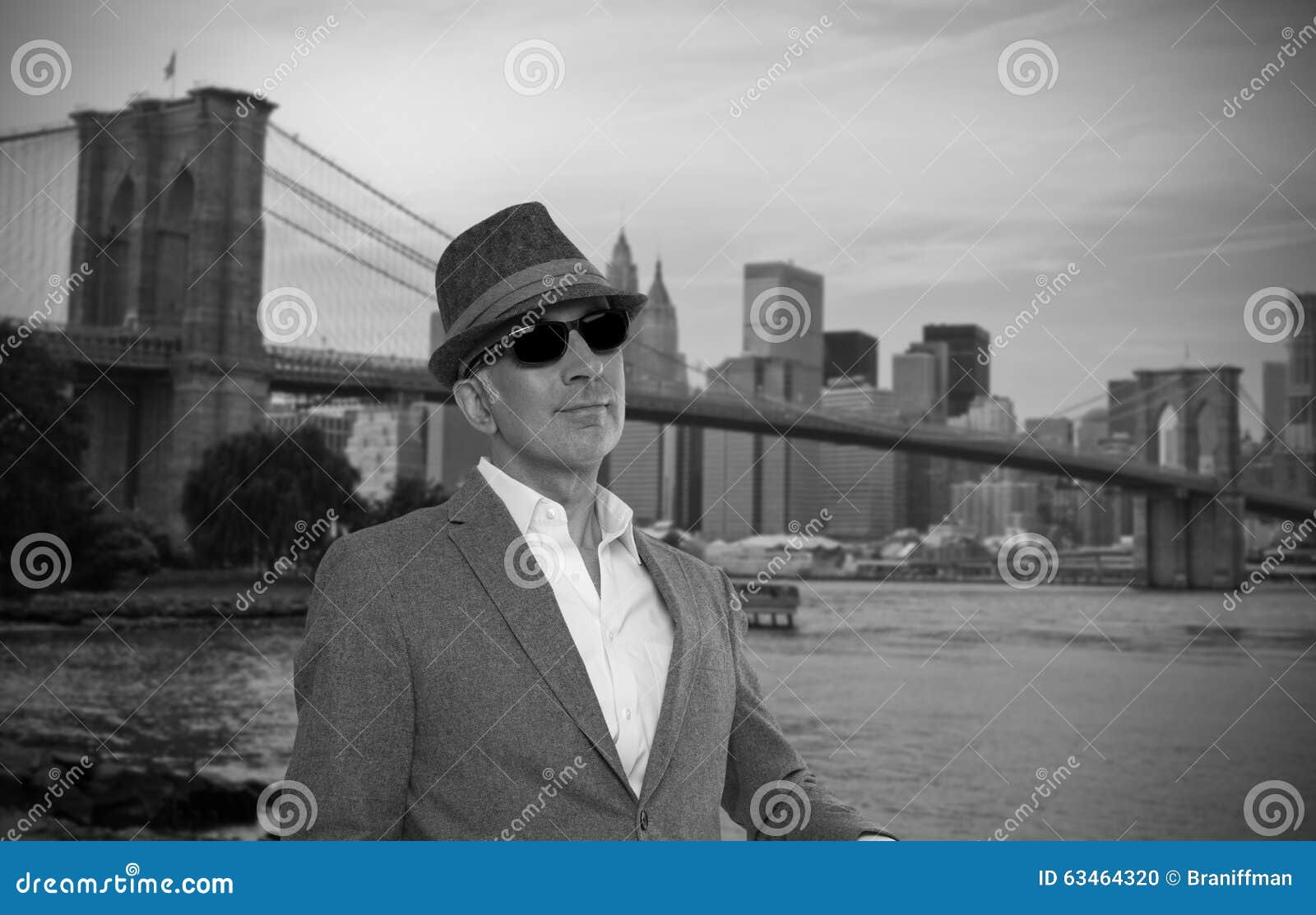 Man Posing in Front of Brooklyn Bridge Stock Photo - Image of bridge ...