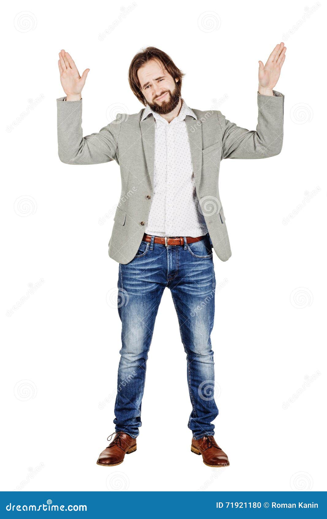 Man Posing with Hands Up on White Background. Human Emotion Expression ...