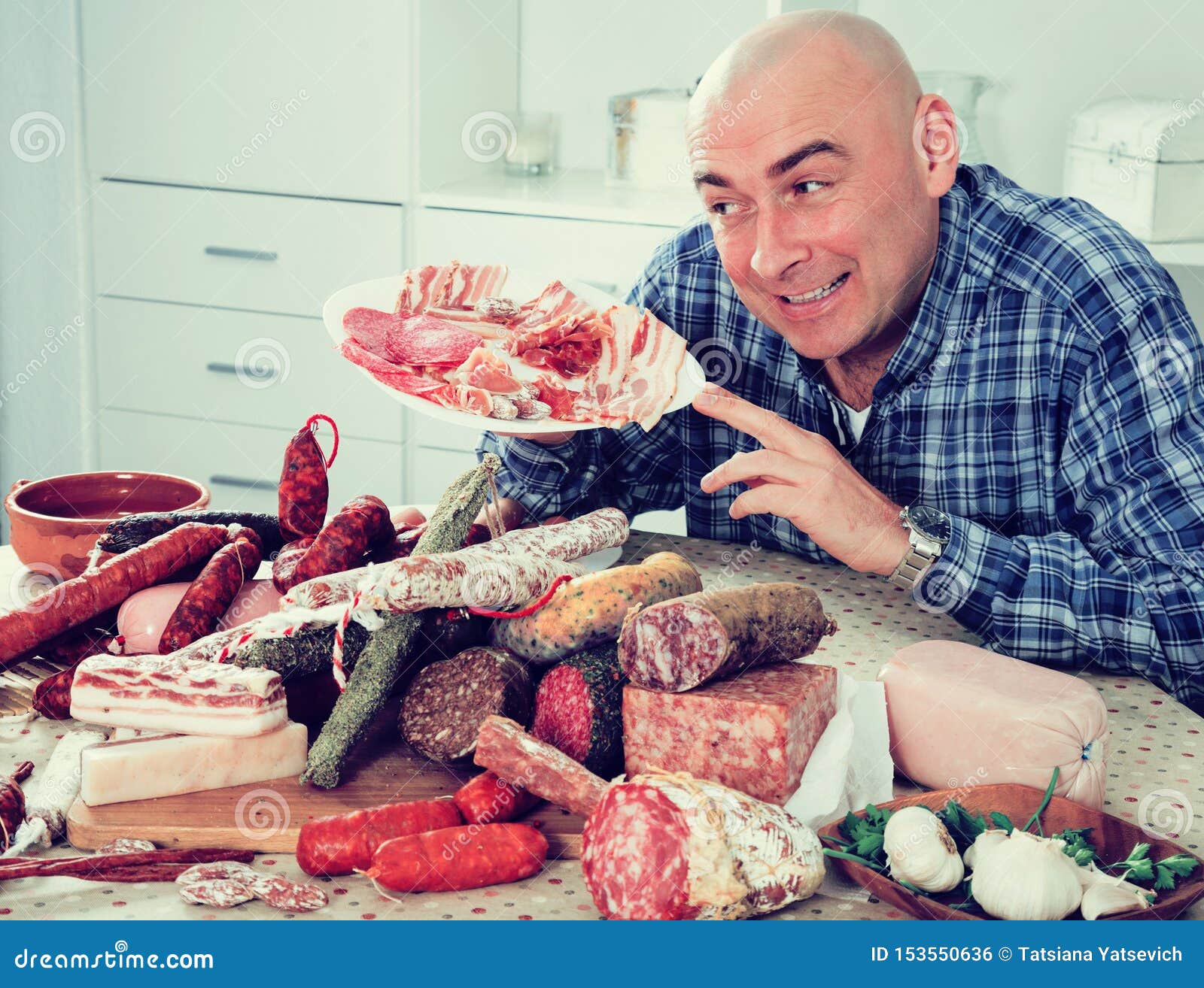 Man Posing with a Plate of Cold Cuts Stock Photo - Image of breakfast ...