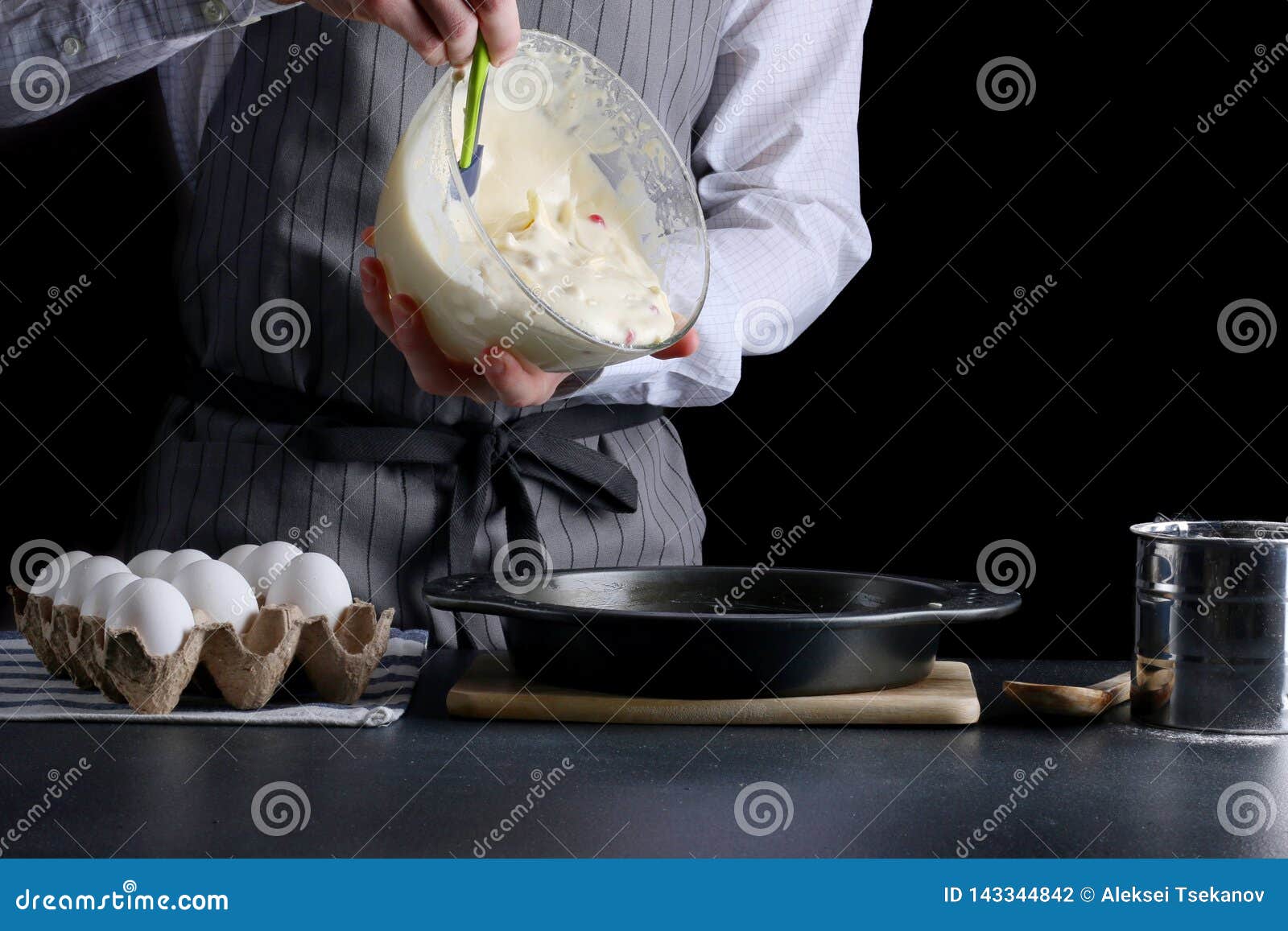 Man Pouring Dough for Pie. Cake Making Concept Stock Photo - Image of ...