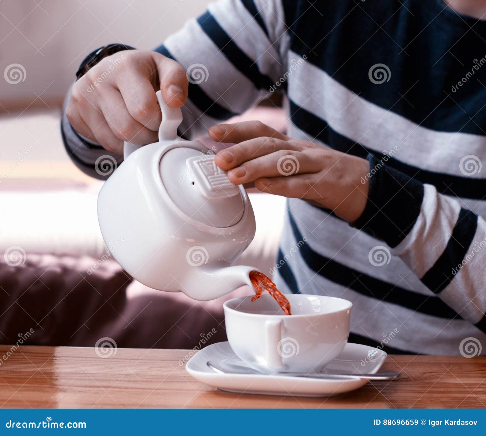 Man Pours Fruit Tea from Teapot Stock Image - Image of plate, lunch ...
