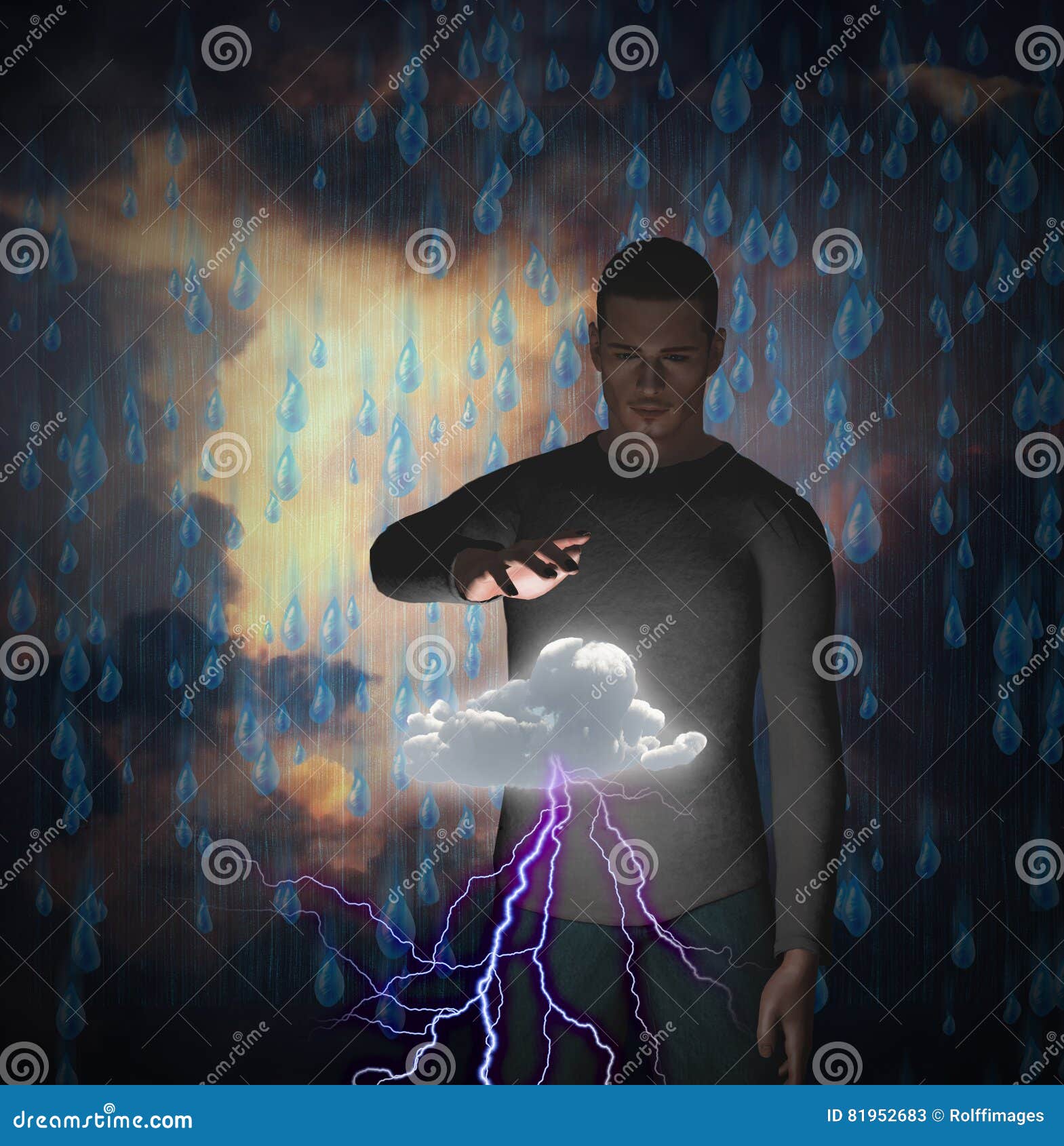 Man with Power Over Raincloud Stock Illustration - Illustration of calm ...