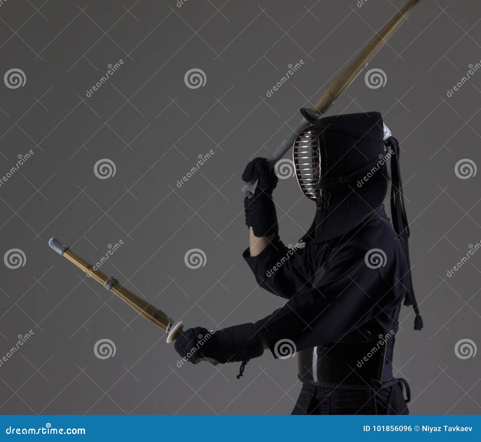 Man is Practicing Kendo in Traditional Armor .he Swinging with Two ...
