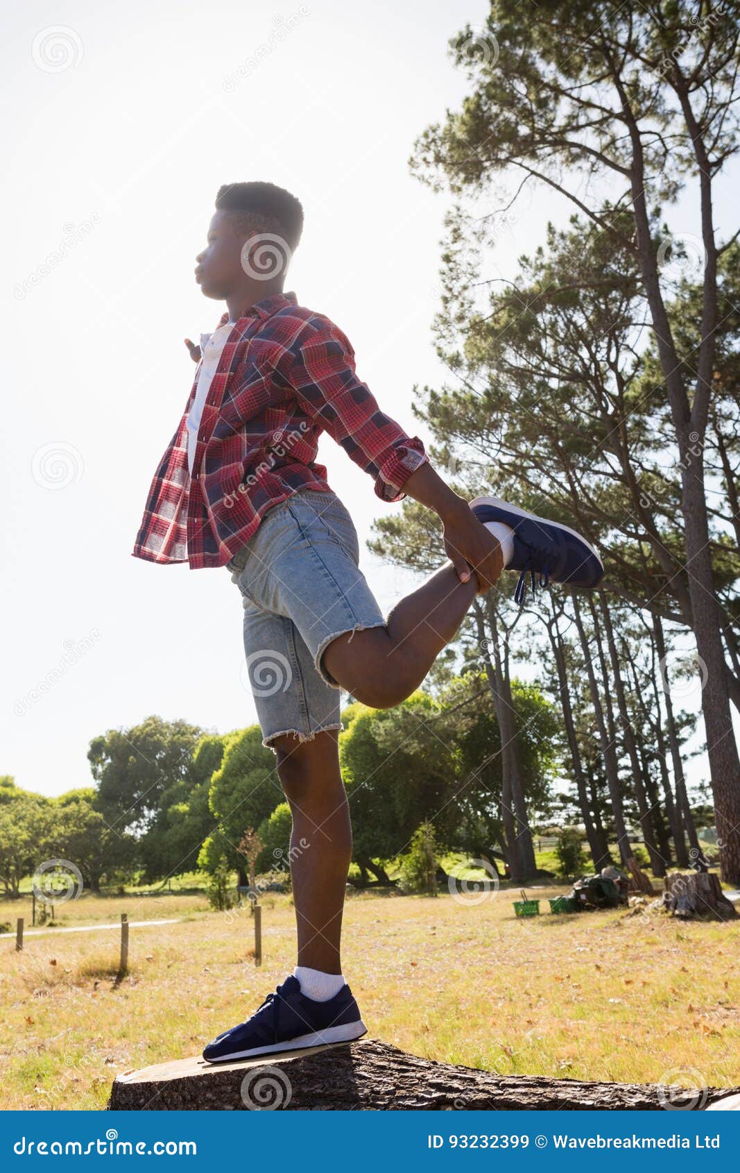 Man Practicing Stretching Exercise on a Tree Stump Stock Image - Image ...