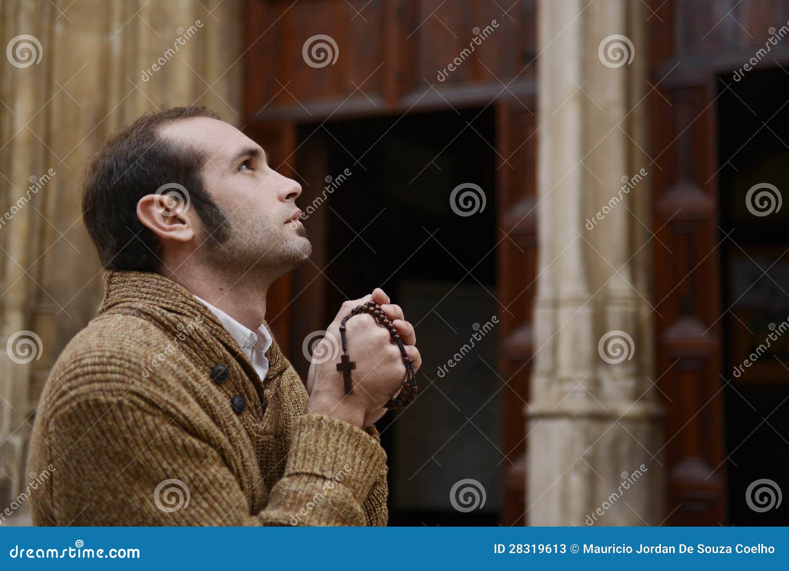 Man Praying in Church Holding Prayer Beads Stock Image - Image of grace ...