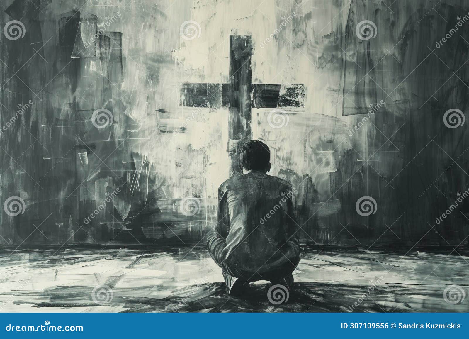Man Praying in Front of a Cross. Generative AI Stock Illustration ...