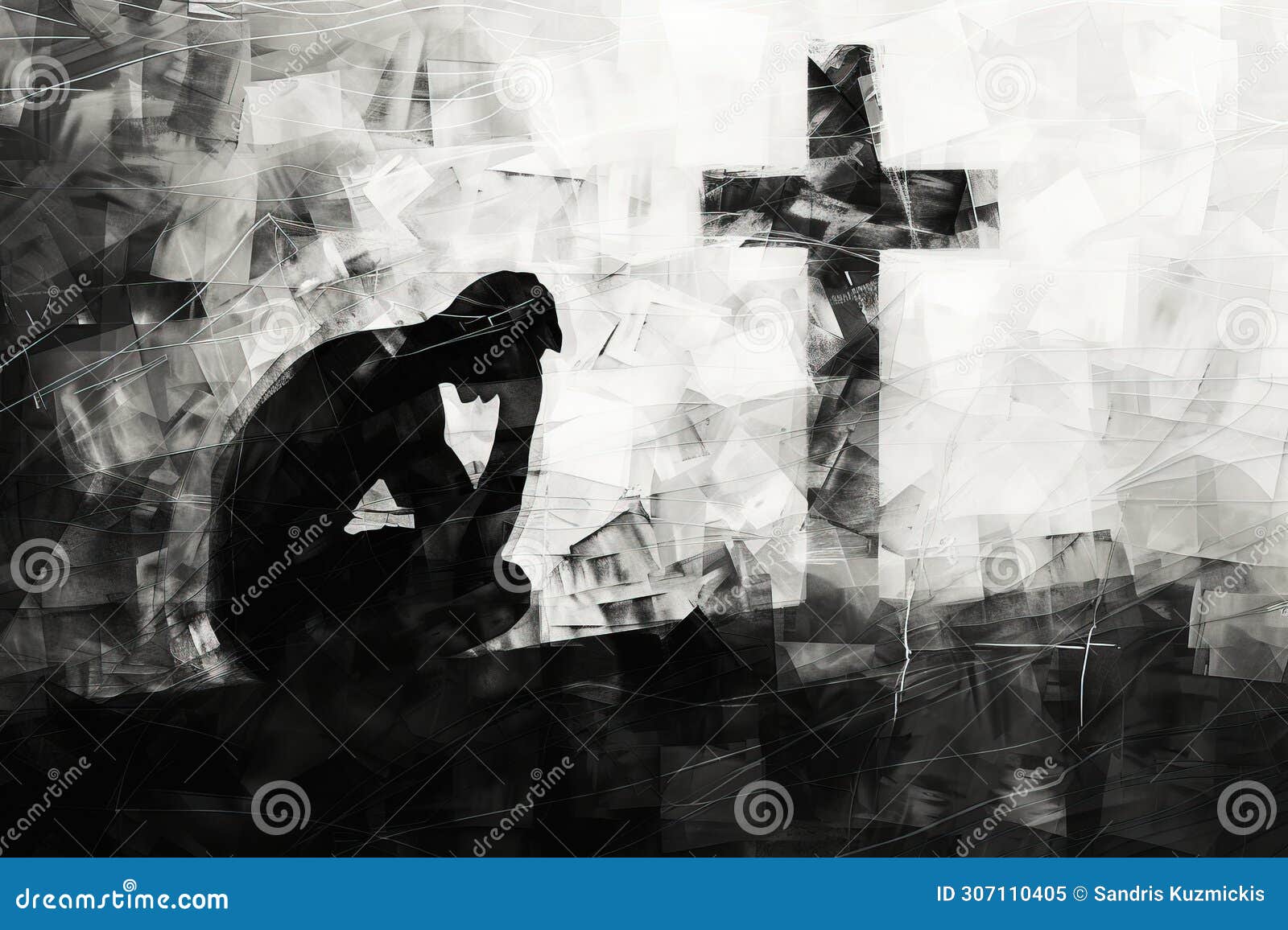 Man Praying in Front of a Cross. Generative AI Stock Illustration ...