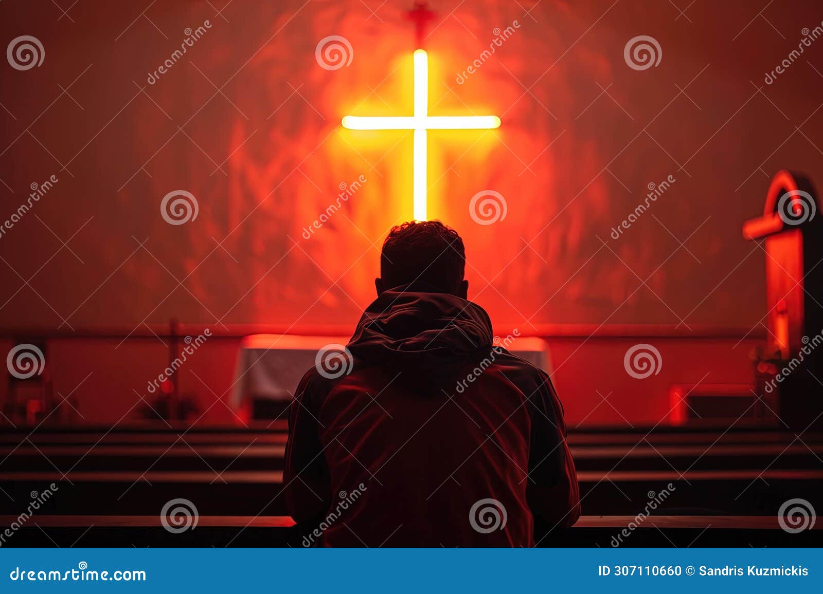 Man Praying in Front of a Cross. Generative AI Stock Illustration ...