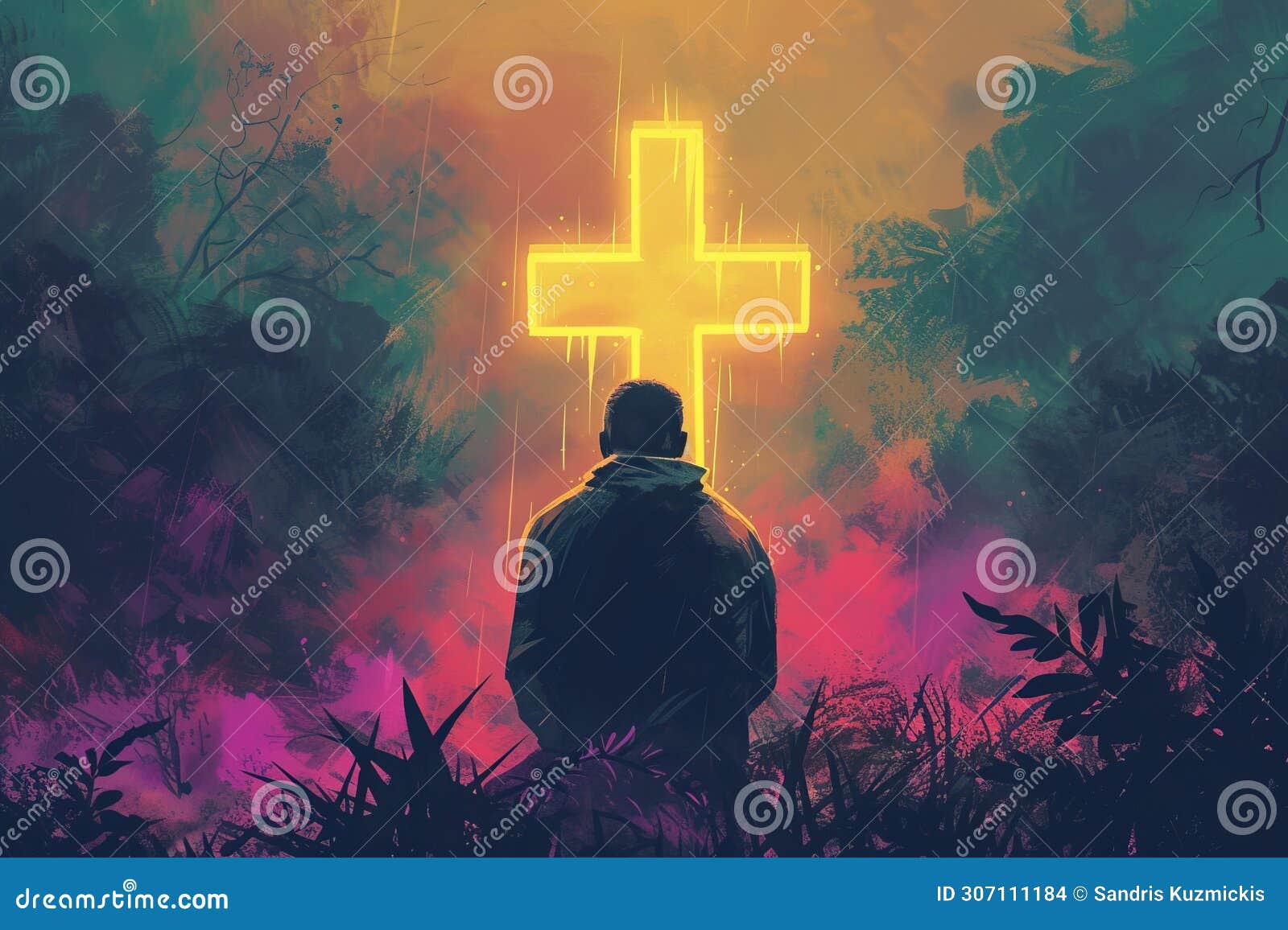 Man Praying in Front of a Cross. Generative AI Stock Illustration ...