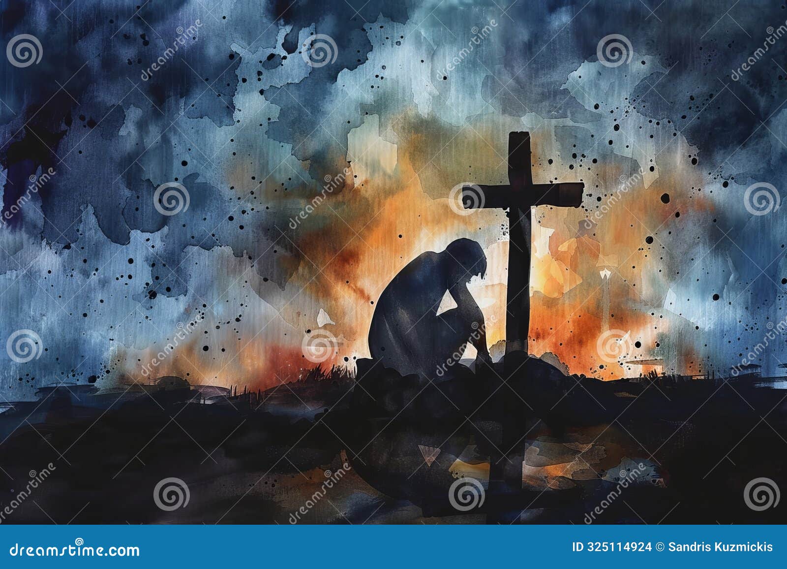 Man Praying in Front of a Cross. Generative AI. Stock Illustration ...