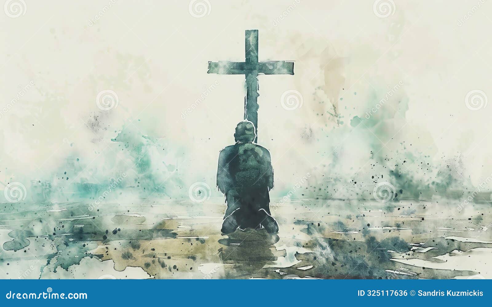 Man Praying in Front of a Cross. Generative AI. Stock Illustration ...