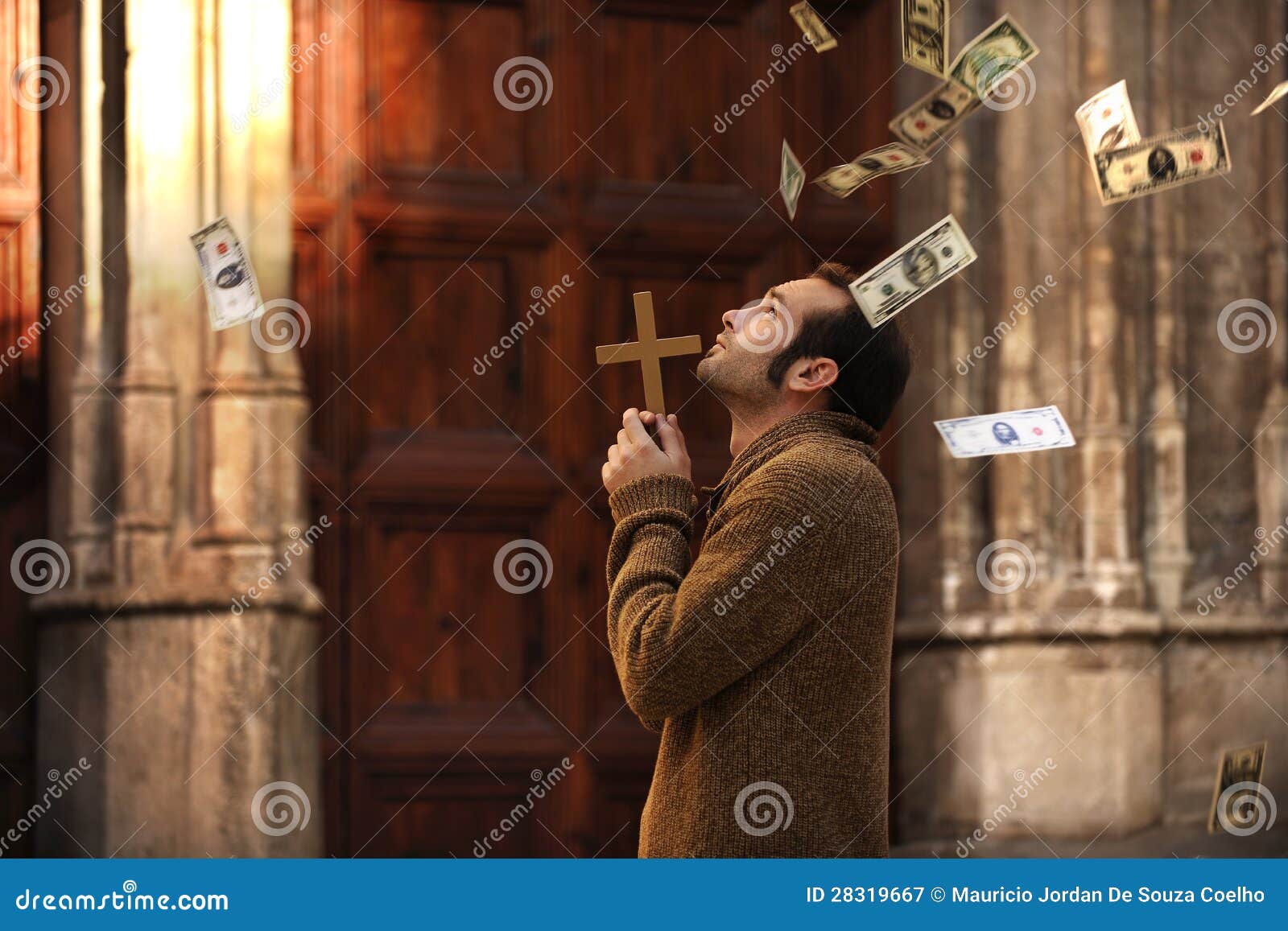 Man Praying and Money Falling from the Sky Stock Image - Image of faith ...