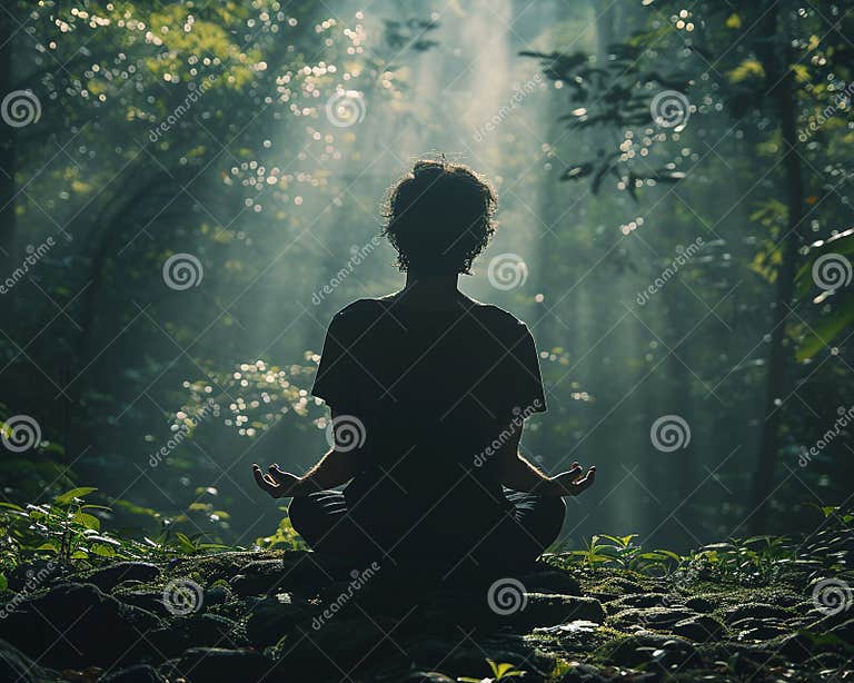 Man Praying in a Quiet Forest Medium Shot Stock Illustration ...