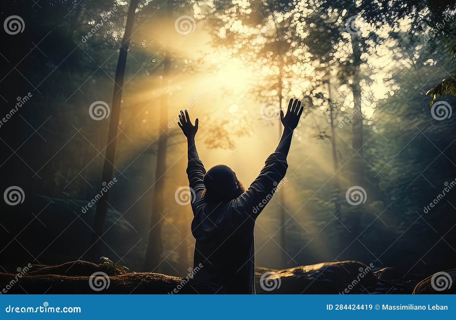 A Man Praying in a Rays of Light Scene Stock Illustration ...