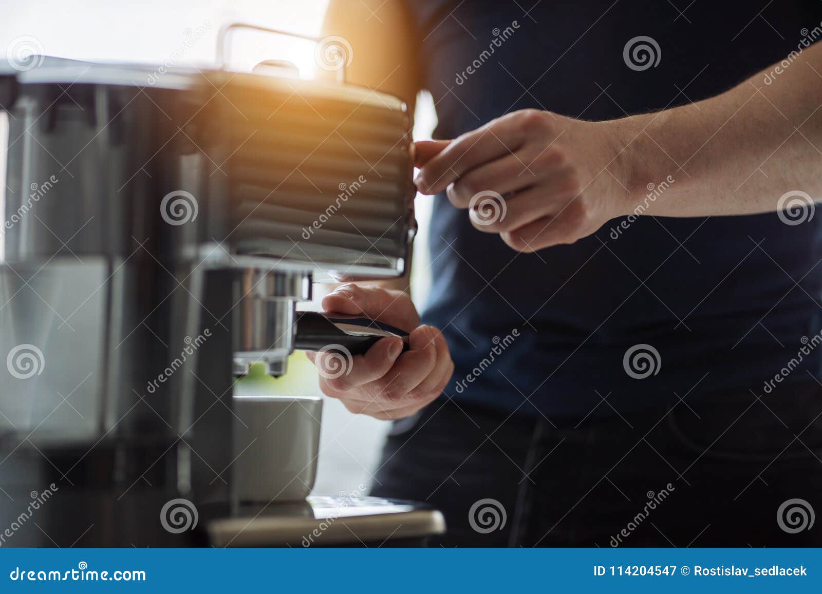 A Man Prepares Espresso for a Coffee Maker Stock Image - Image of ...