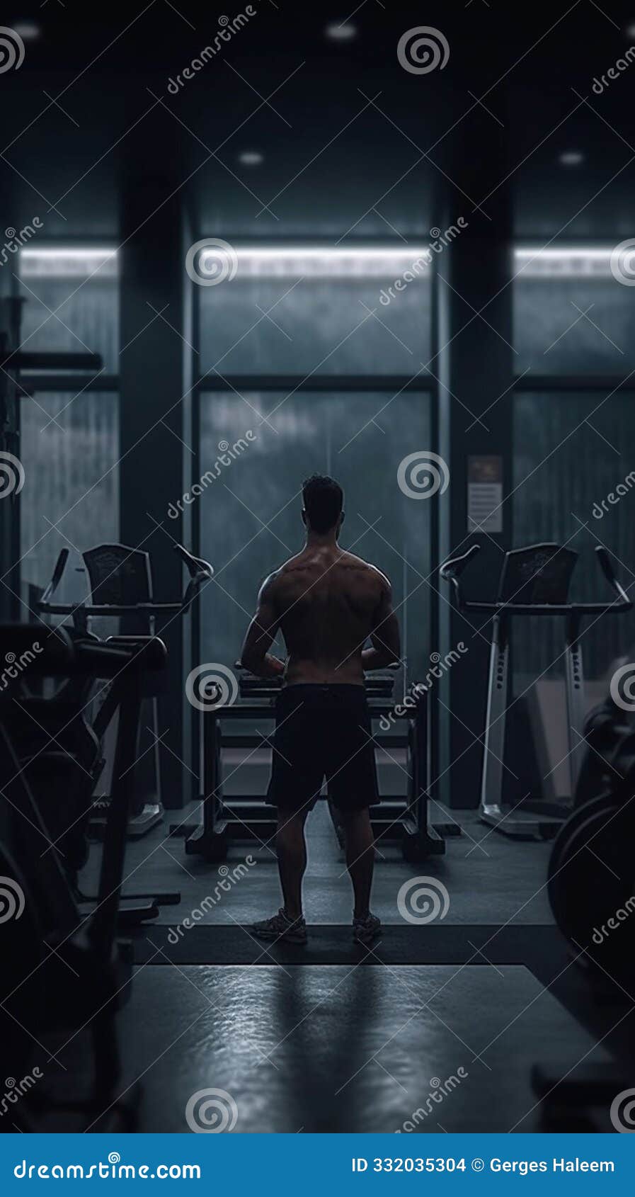 Man Standing in a Dark Gym, Preparing for a Workout, with Exercise ...