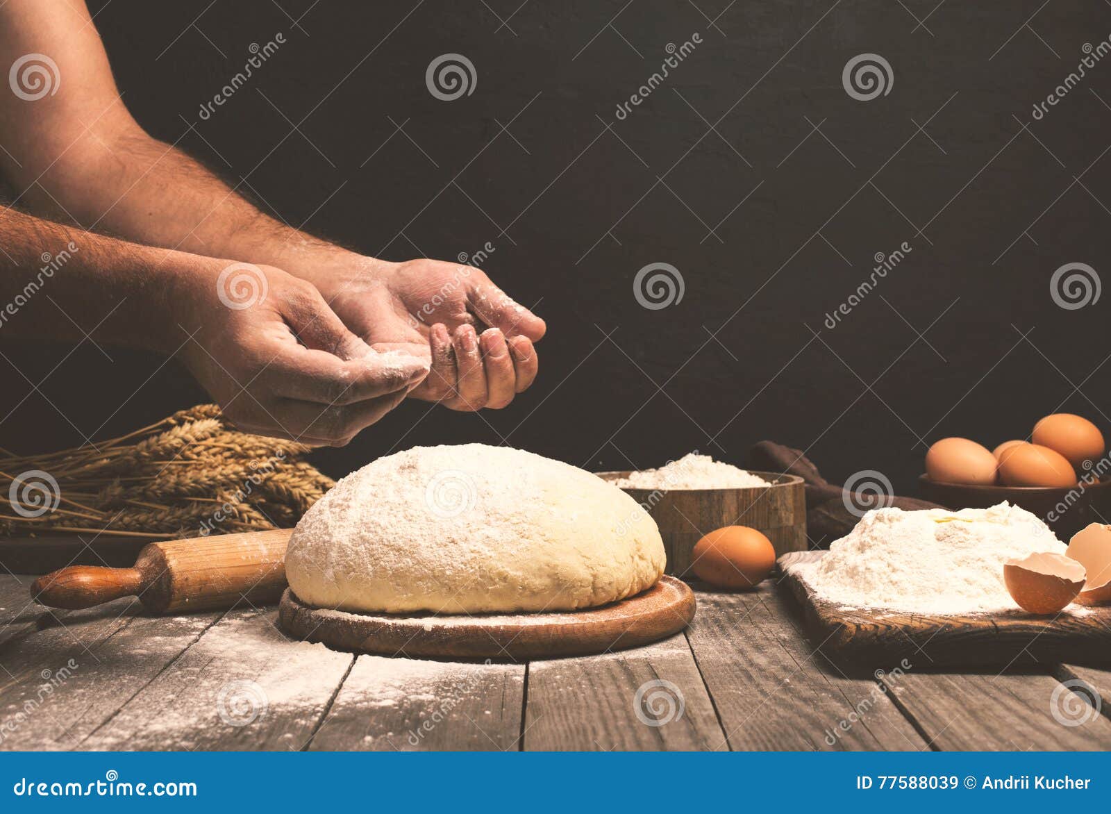 Man preparing bread dough stock image. Image of flour - 77588039