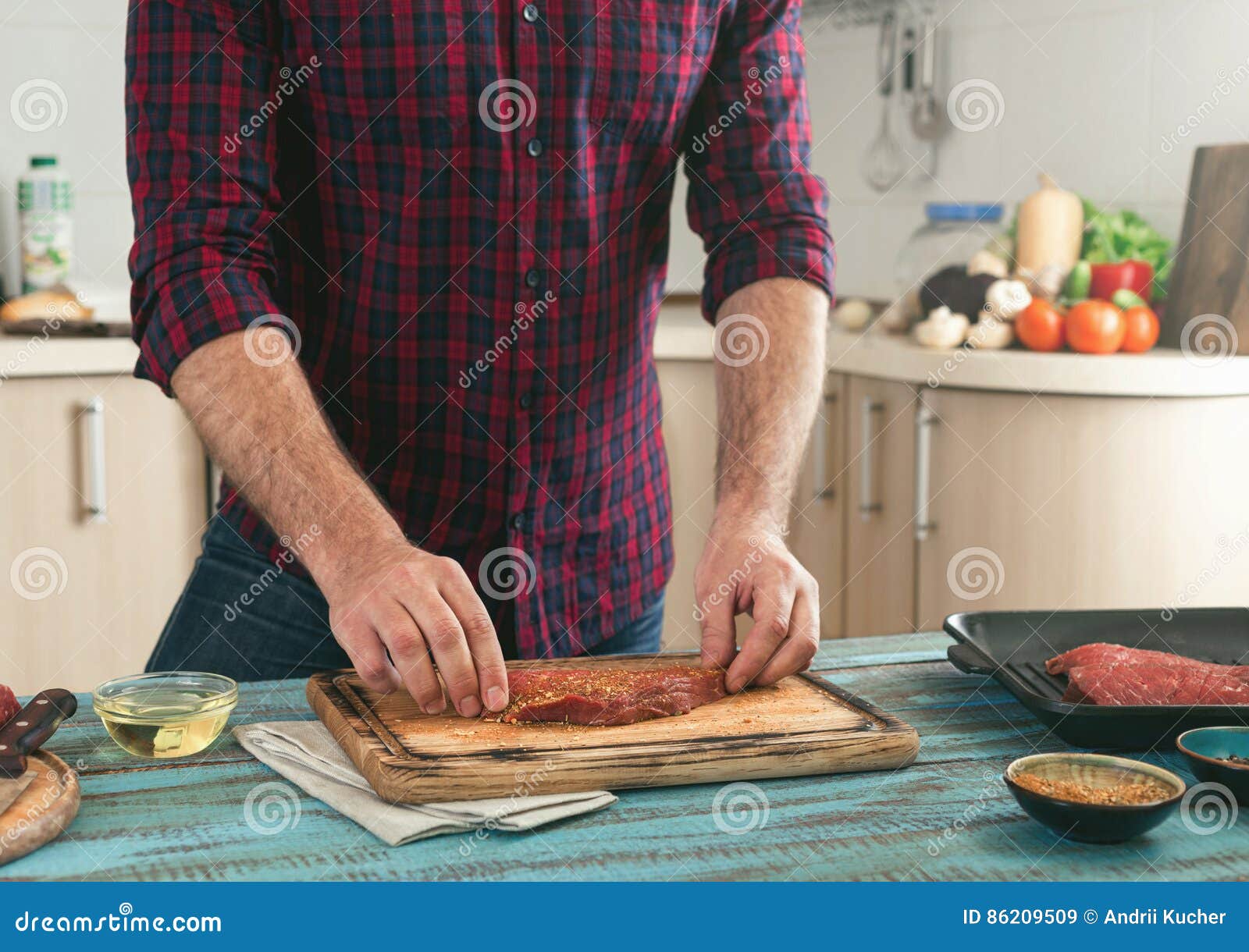 Man Preparing Grilled Steak on the Home Kitchen Stock Image - Image of ...