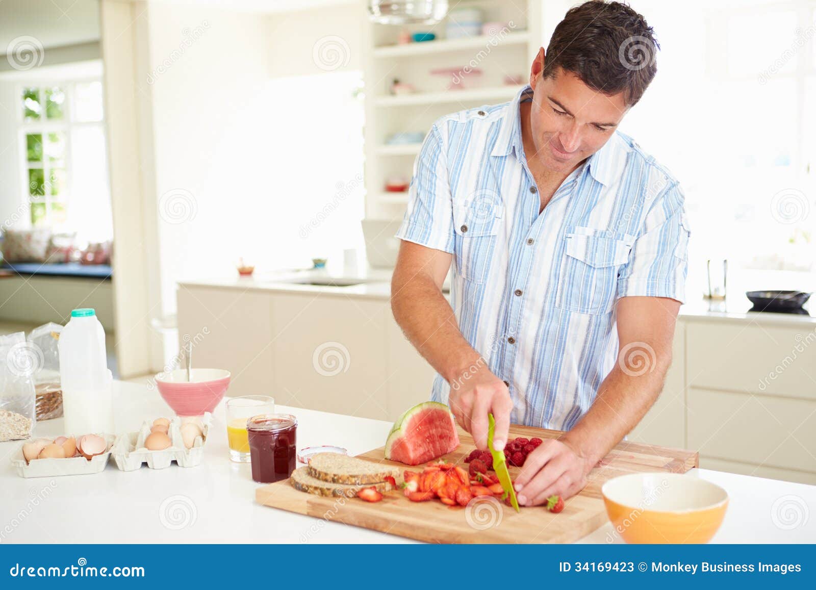 Man Preparing Healthy Breakfast in Kitchen Stock Image - Image of ...