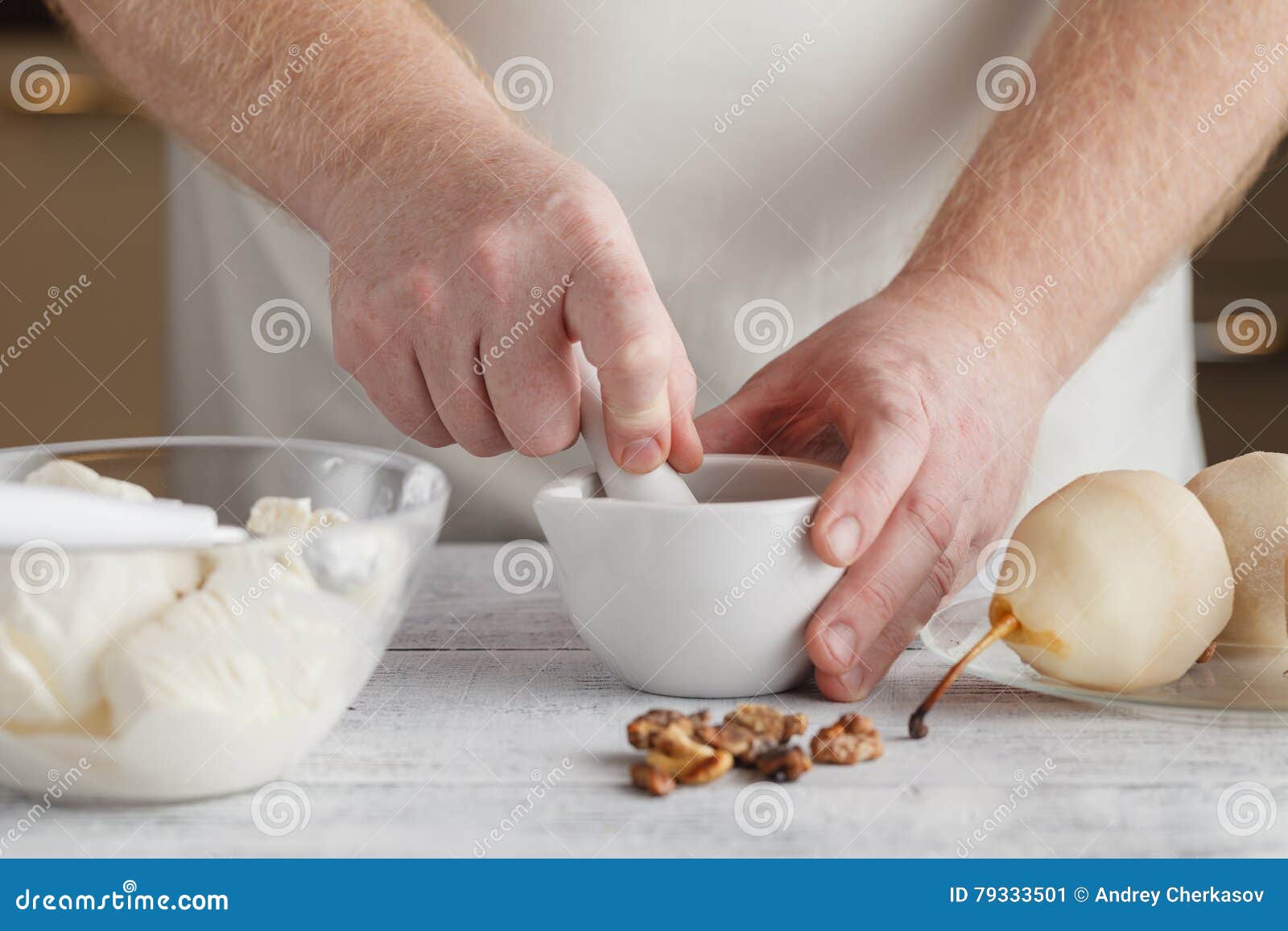 Man Preparing Ingredients for Cooking Sauce Using Mortar and Pestle ...