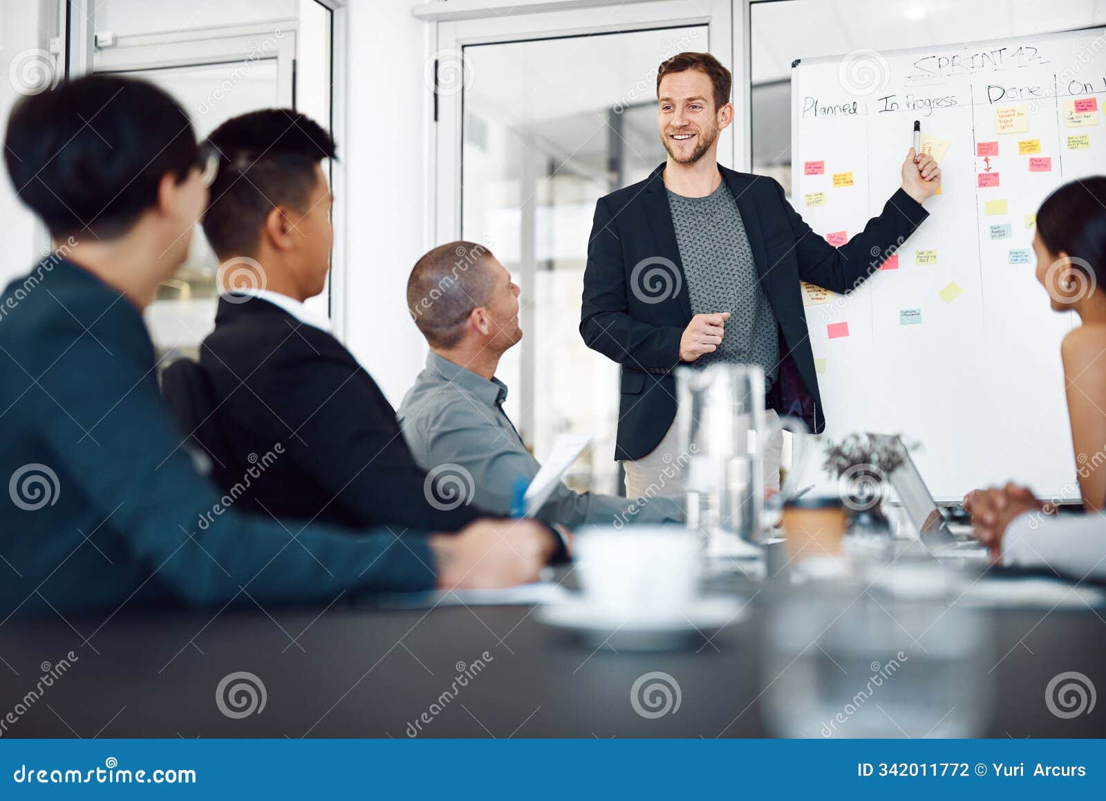 Man, Presentation and Sticky Notes on Whiteboard for Meeting, Timeline ...
