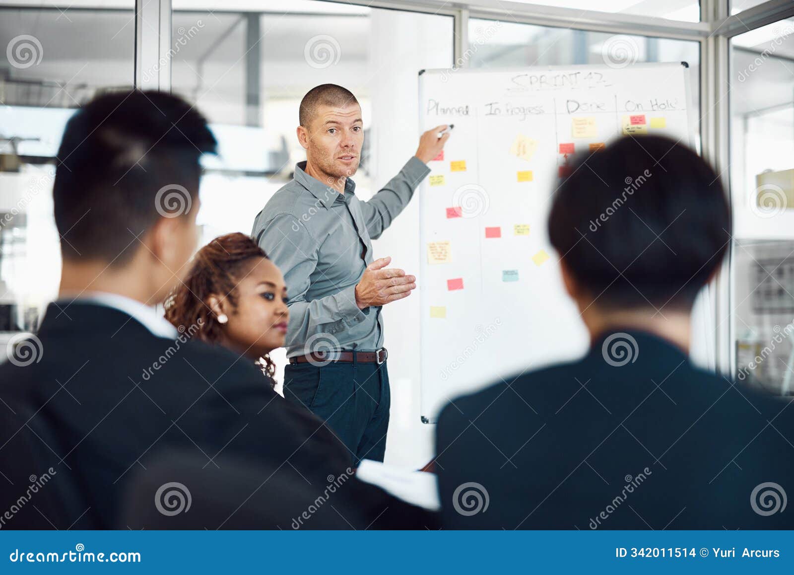 Man, Presentation and Sticky Notes on Whiteboard for Planning, Timeline ...