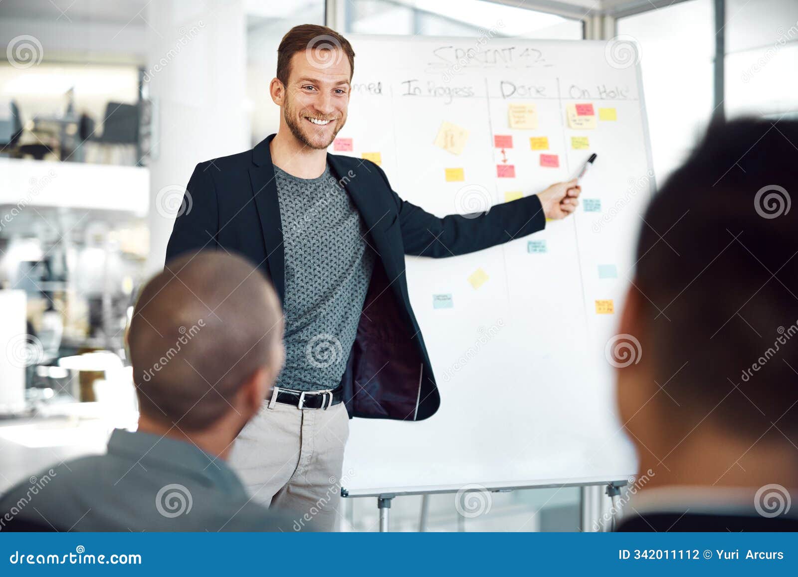 Man, Presentation and Sticky Notes on Whiteboard for Schedule, Timeline ...