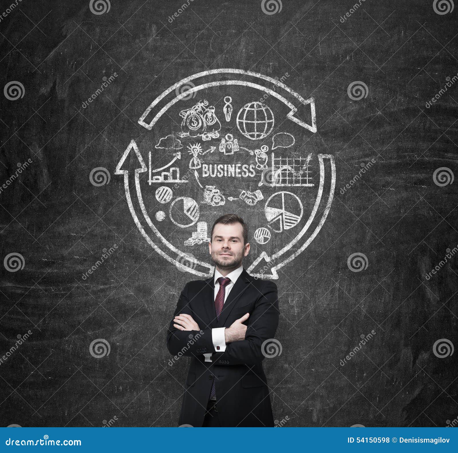 Man is Presenting Business Development Strategy. Drawn Flowchart on the ...