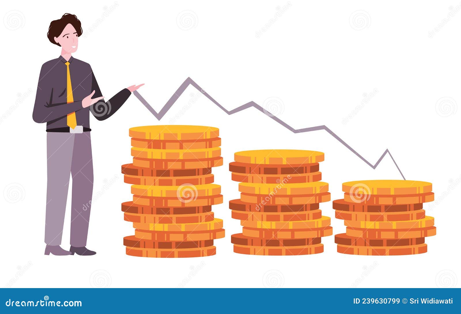 Man Presenting Chart Down with Stack of Coin Depressed Decline Report ...