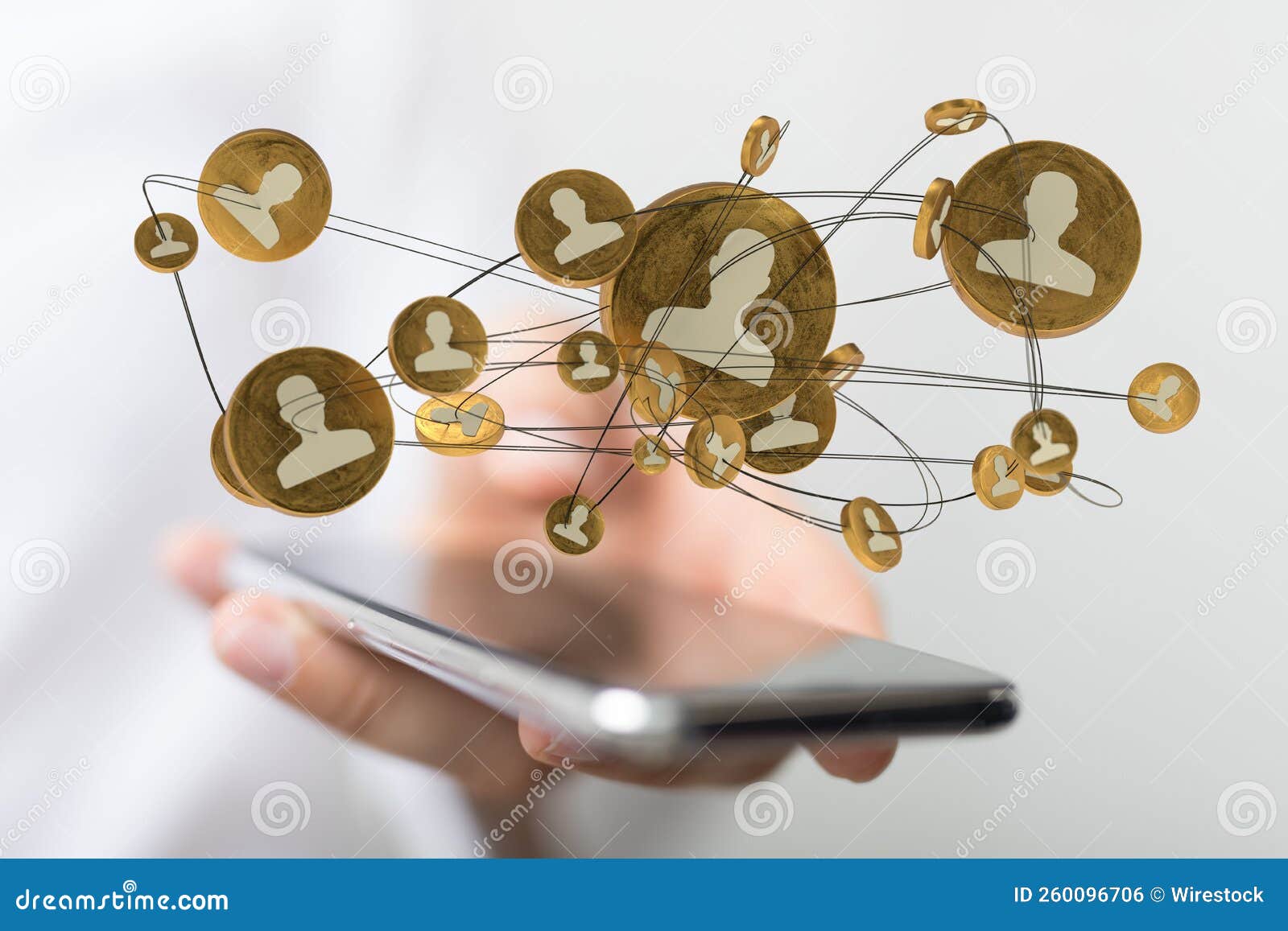 Man Presenting 3D Rendered Human Network Icons Above a Phone Screen ...