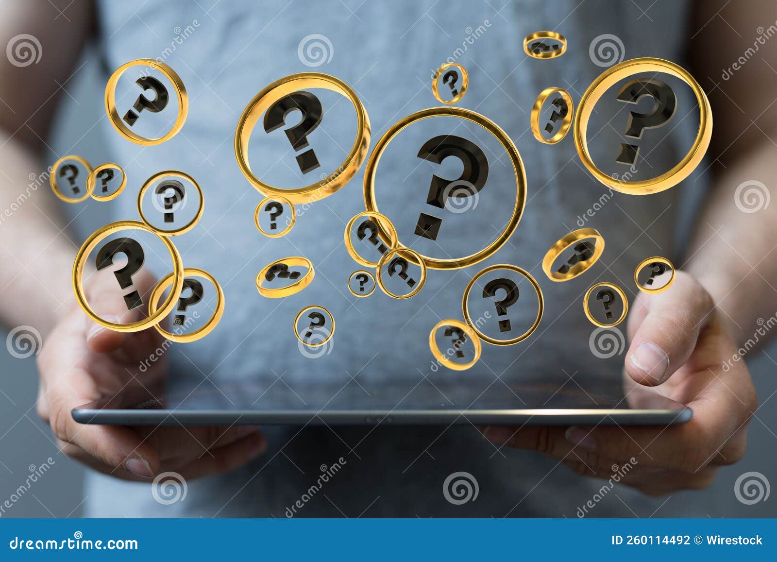 Man Presenting 3D Rendered Question Mark Above the Tablet Screen in His ...