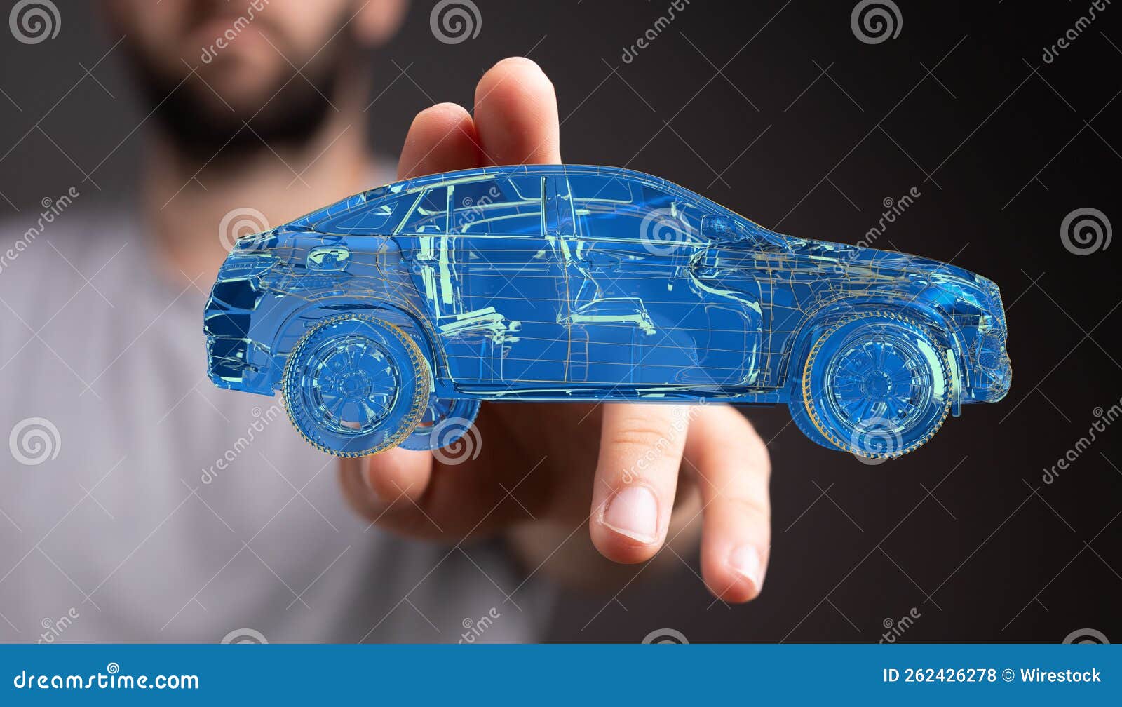 Man Presenting a 3D Rendering of a Holographic Smart Car Stock ...