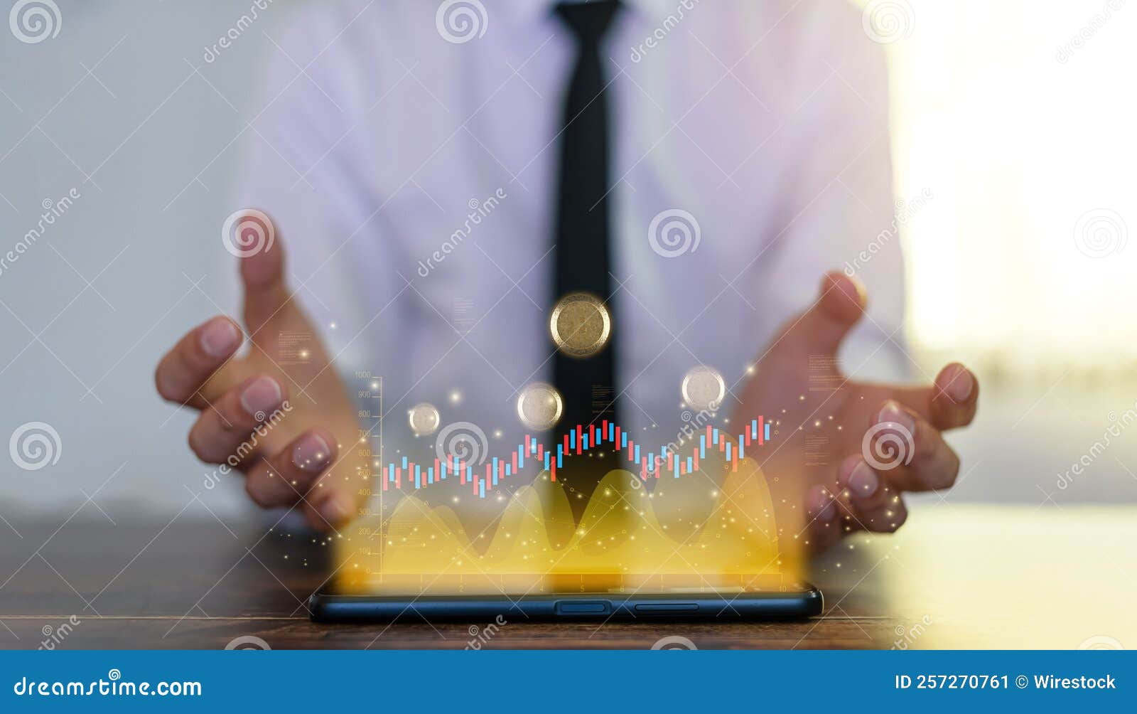 Man Presenting Illustrated Bitcoins between His Hand, Over the Phone ...