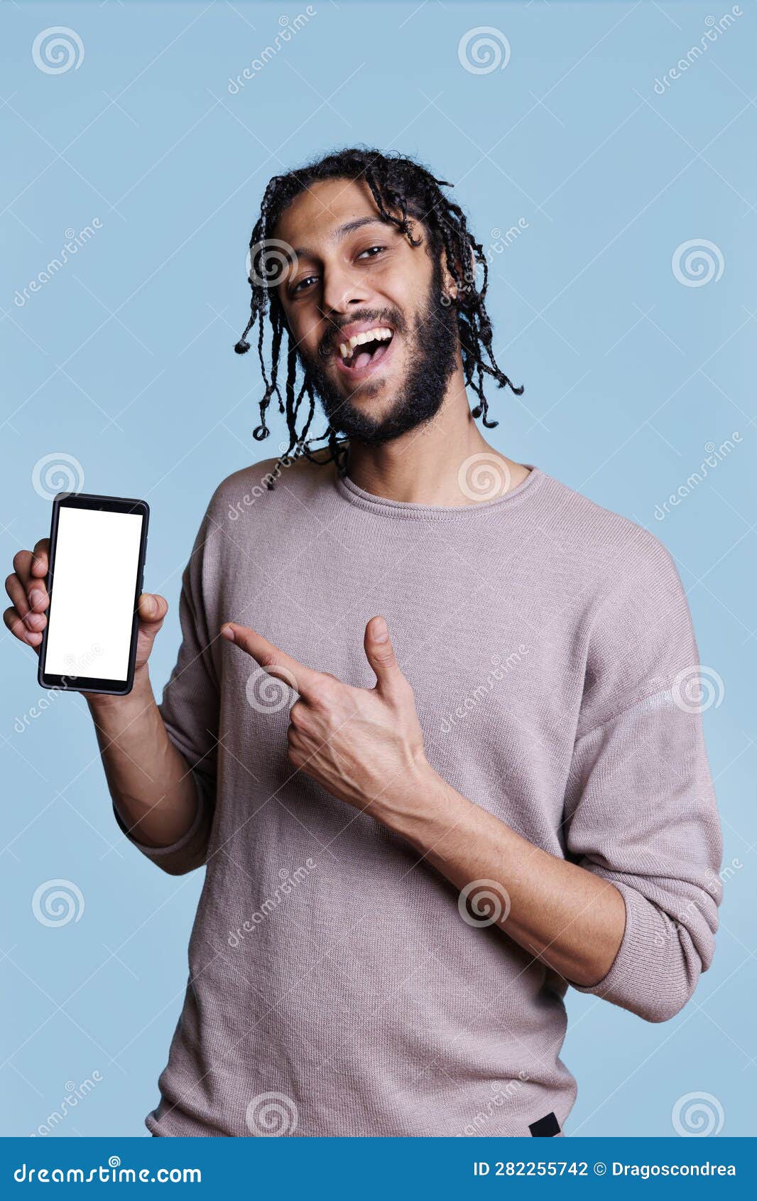 Man Presenting Mobile Phone with White Screen for Advertisement Stock ...