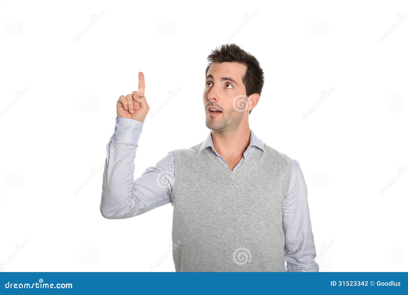 Man Presenting Text or Graphic on White Background Stock Photo - Image ...