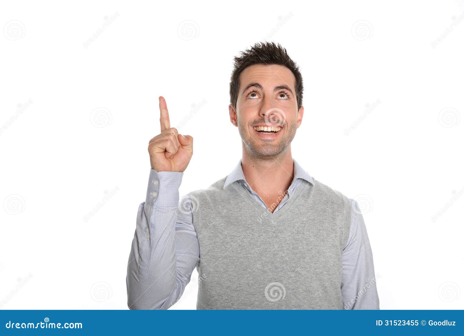 Man Presenting Text or Graphic on White Background Stock Image - Image ...