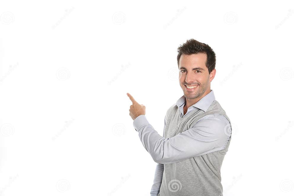 Man Presenting Text or Graphic on White Background Stock Image - Image ...