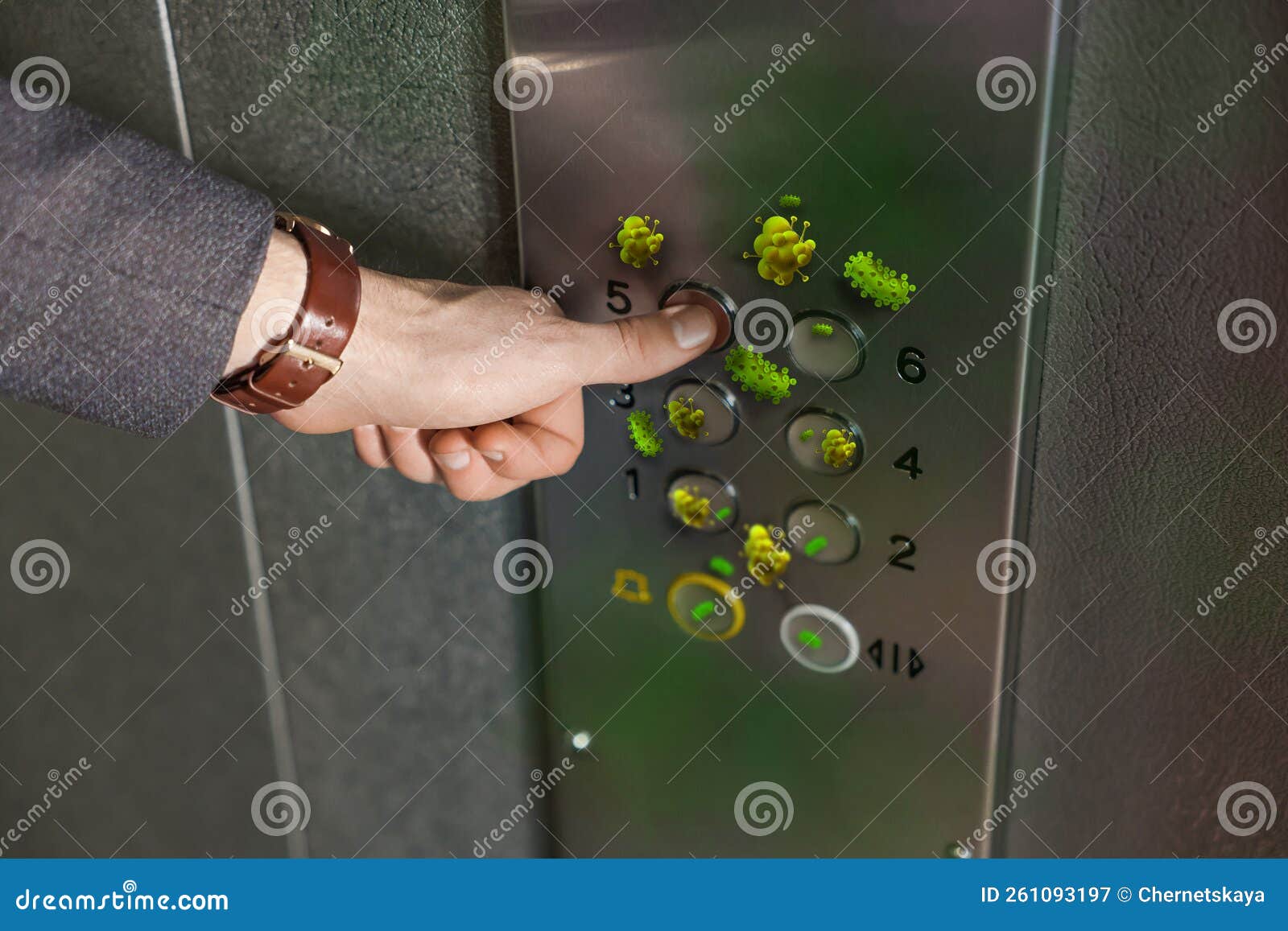 Man Press Button in Elevator with Germs, Closeup Stock Image - Image of ...
