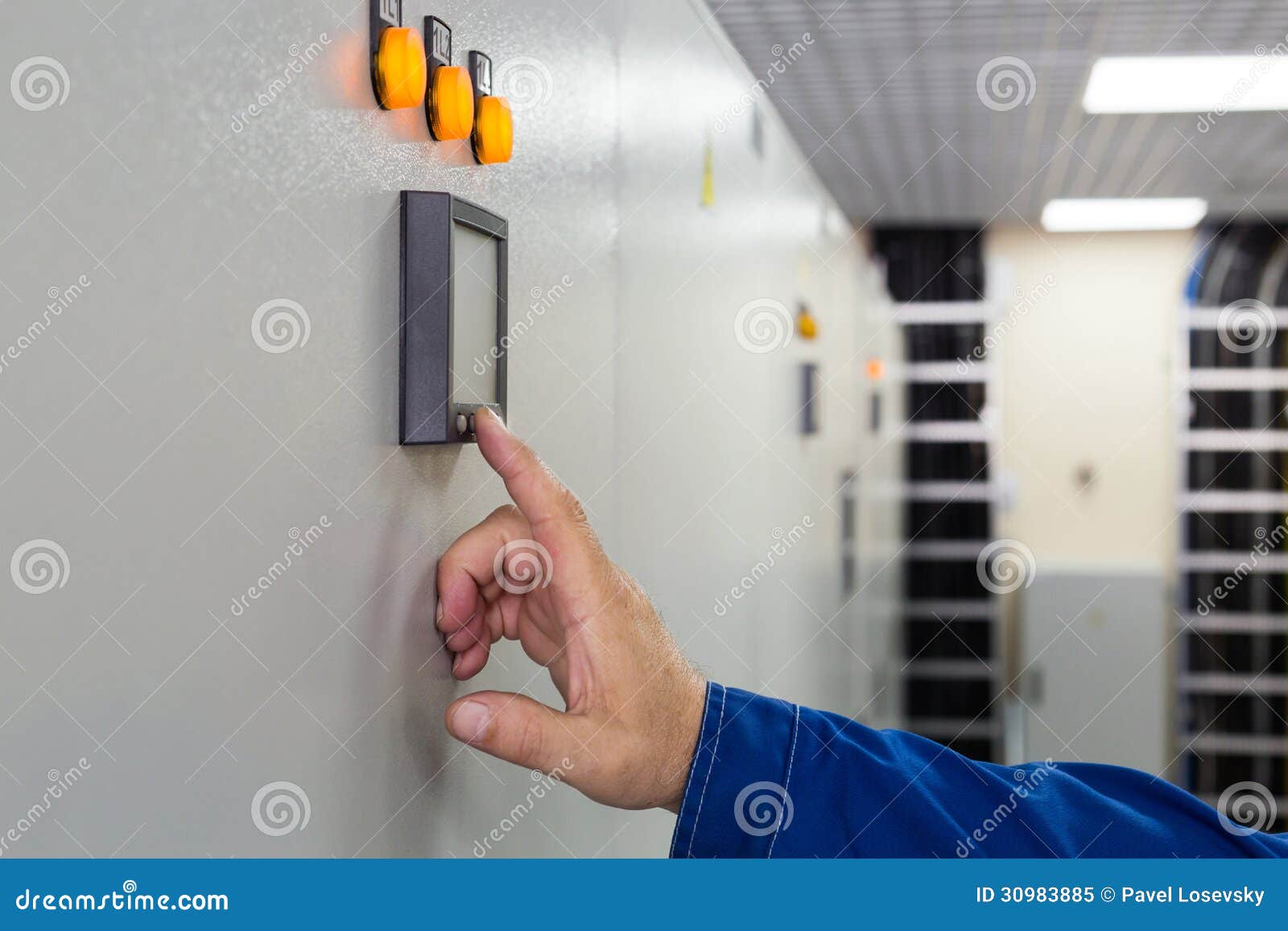 A Man Presses a Button Control Stock Image - Image of electrical ...