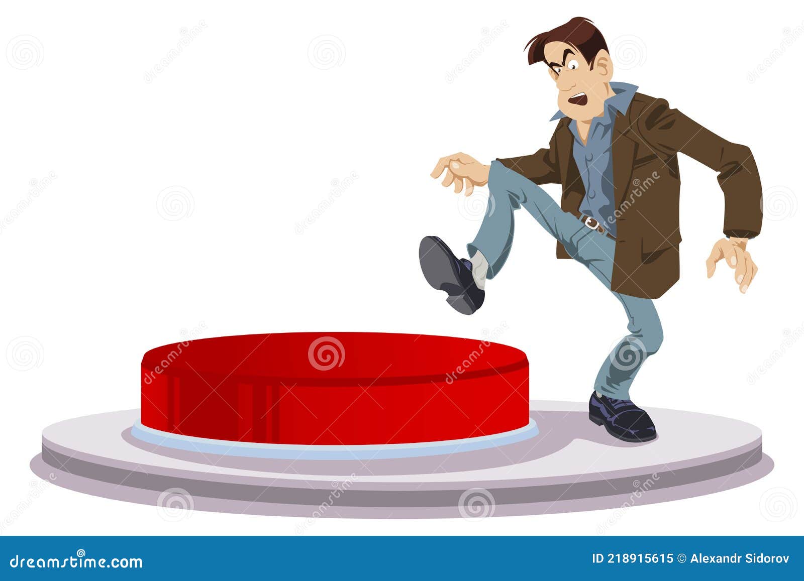 Man Presses Red Start Button. Young Guy Facing a Dilemma. Startup Key ...