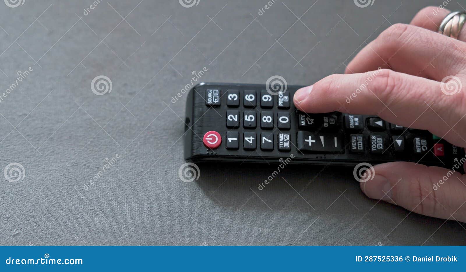 A Man Presses the TV Program Change Button on the Remote Control. Stock ...