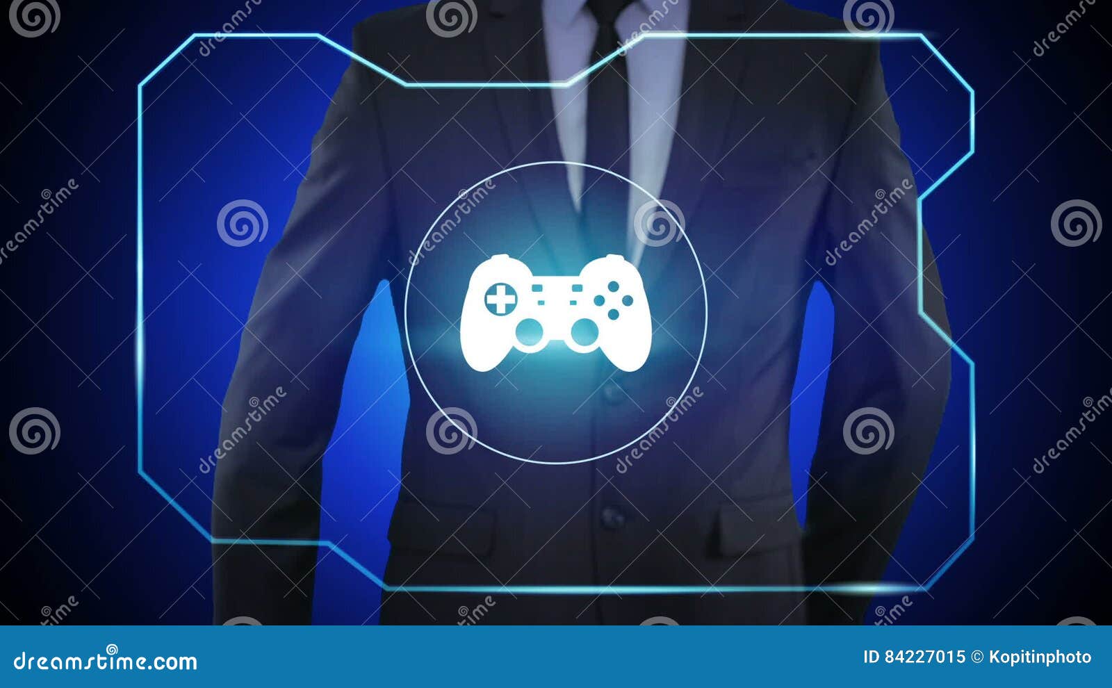 Man Presses the Virtual Keyboard Virtual Game Controller. Technologies ...