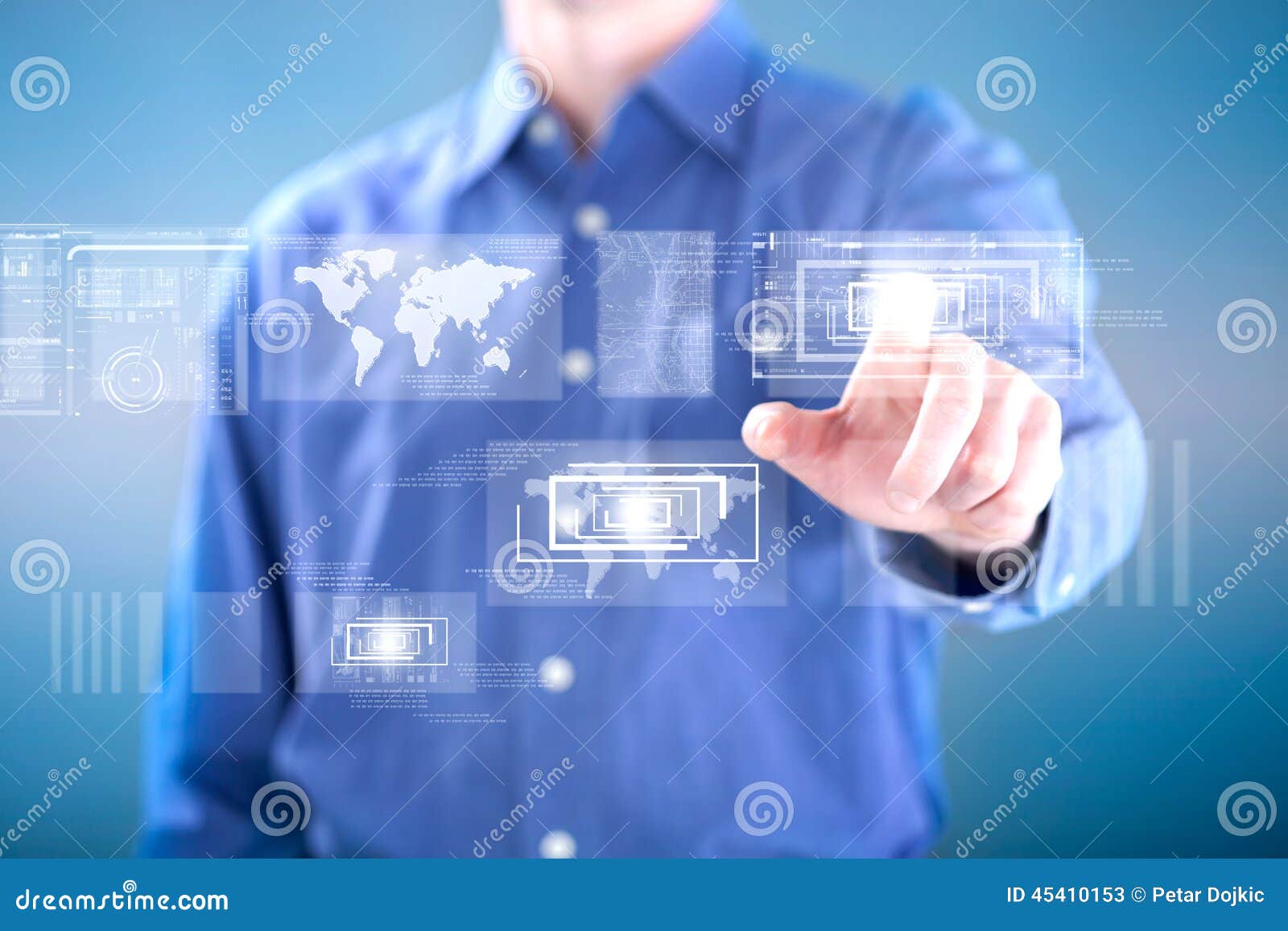 Man Pressing on Button of Digital Virtual Screen Stock Image - Image of ...