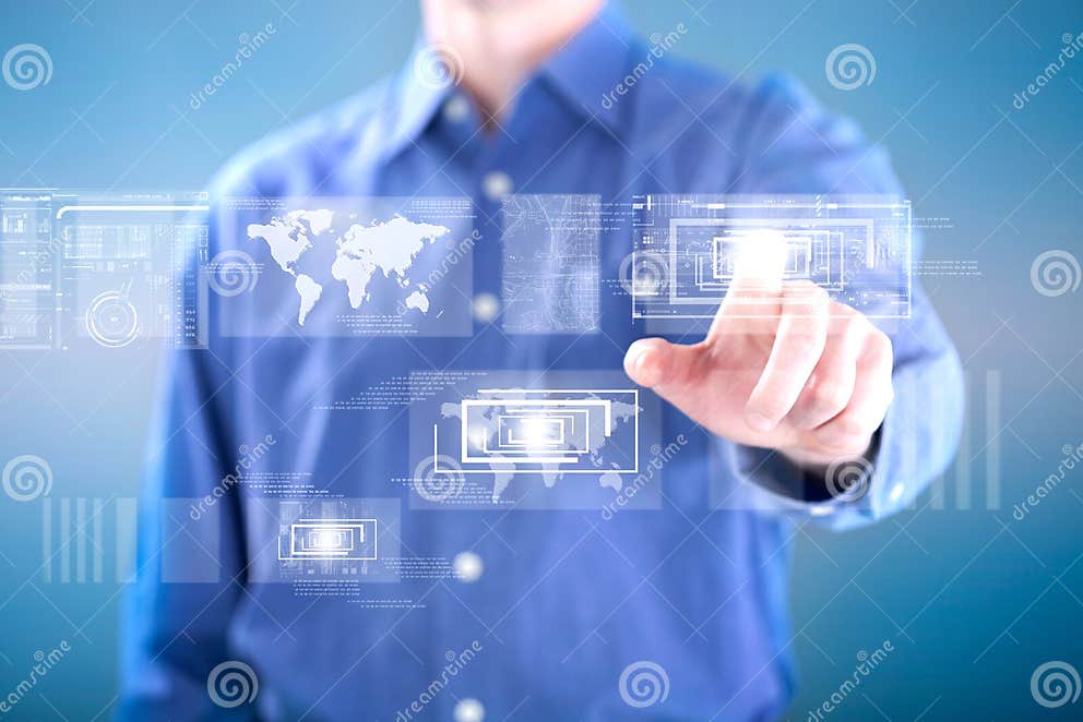 Man Pressing on Button of Digital Virtual Screen Stock Image - Image of ...