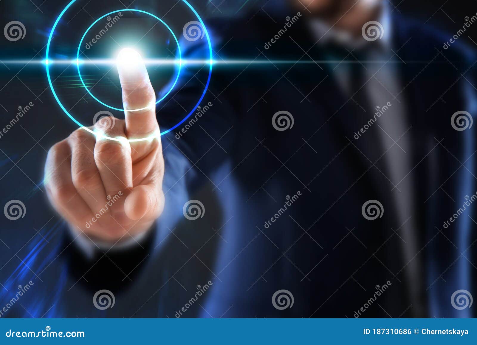Man Pressing Button on Virtual Screen Stock Photo - Image of business ...