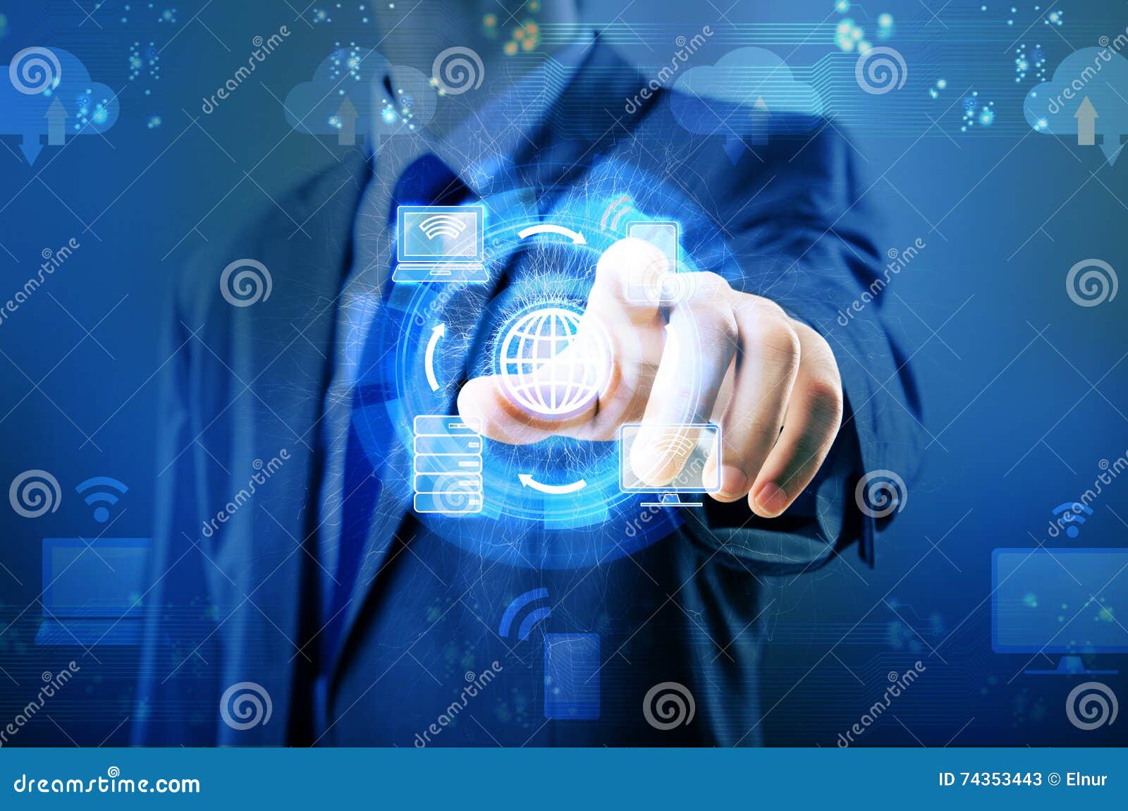 The Man Pressing Buttons in Cloud Computing Concept Stock Illustration ...