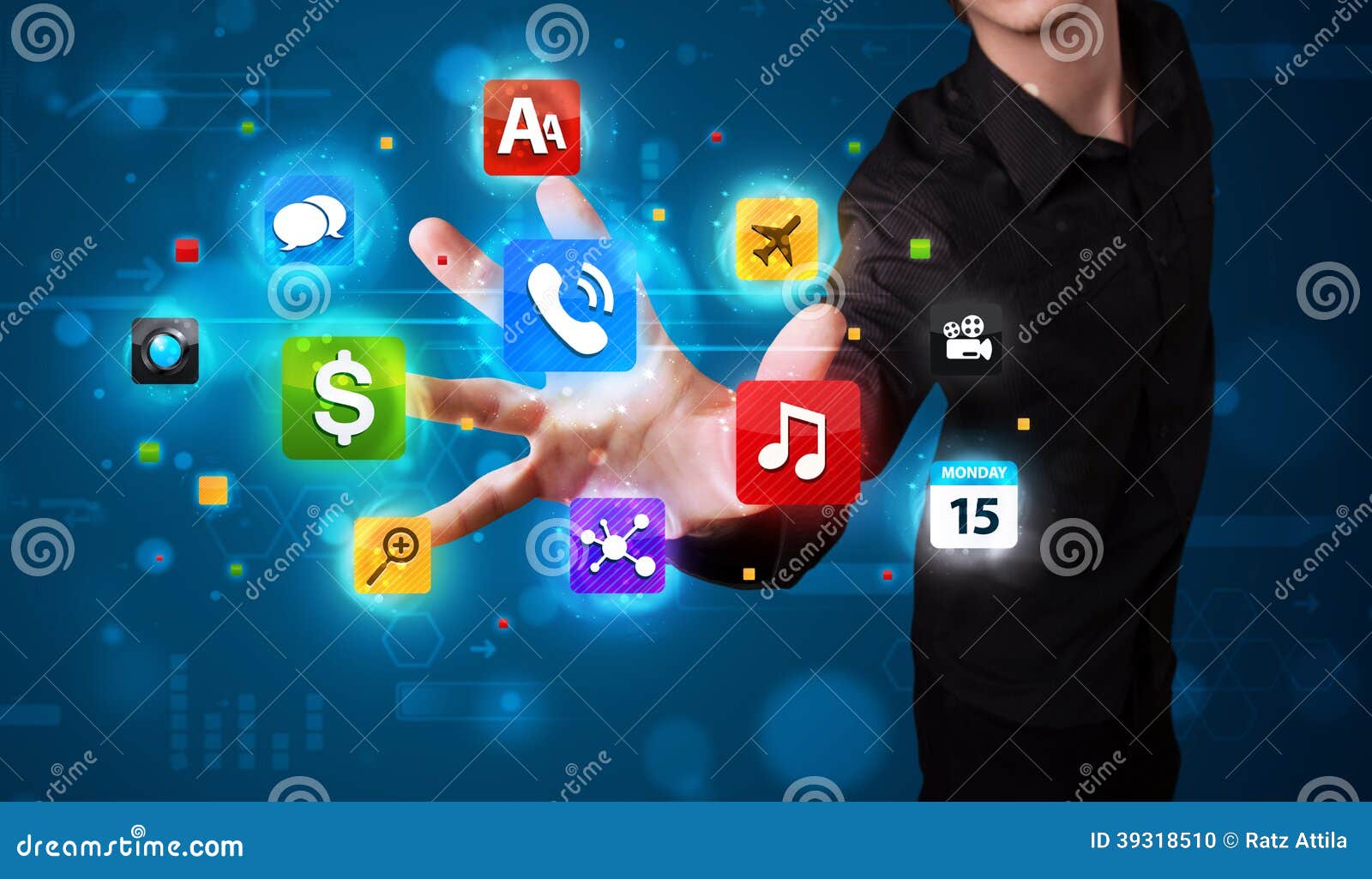 Man Pressing Collection of High Tech Buttons Stock Photo - Image of ...