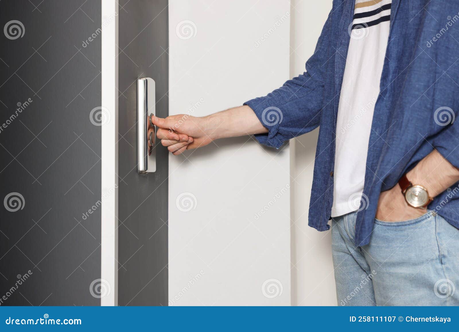 Man Pressing Elevator Call Button, Closeup View Stock Image - Image of ...
