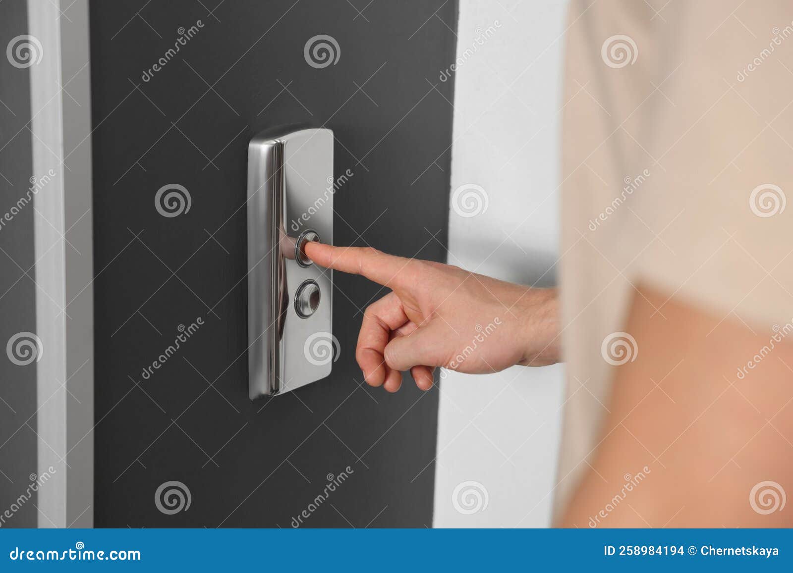 Man Pressing Elevator Call Button, Closeup View Stock Photo - Image of ...